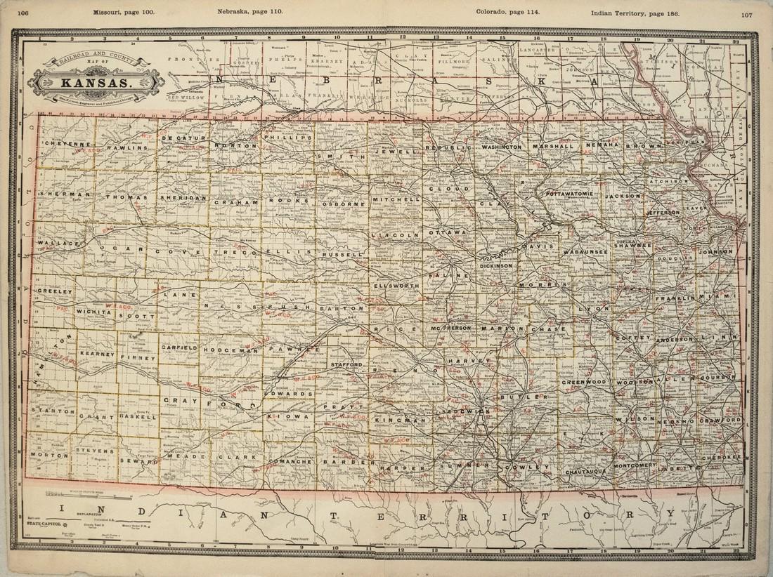 1896 Cram Map Of Kansas Railroad And County Map Of