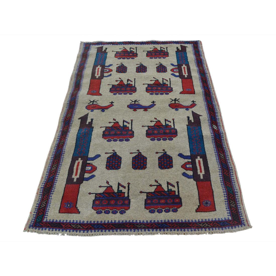 Handmade Beige Afghan Baluch War Tanks Grenades Rug