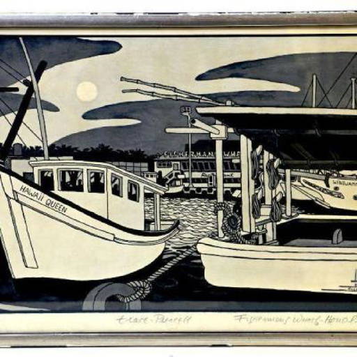 Trace Purcell Signed Litho Hawaii Honolulu Fisherman's