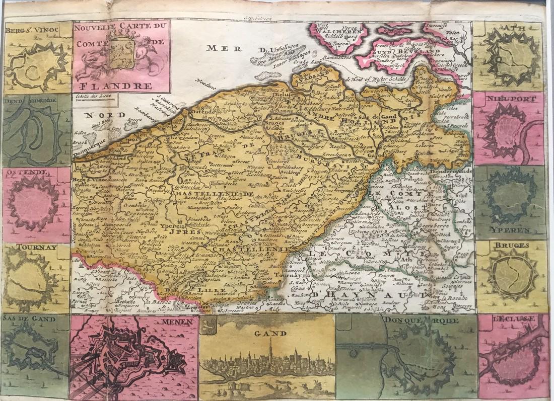 Rare map of Flanders region with 13 city views