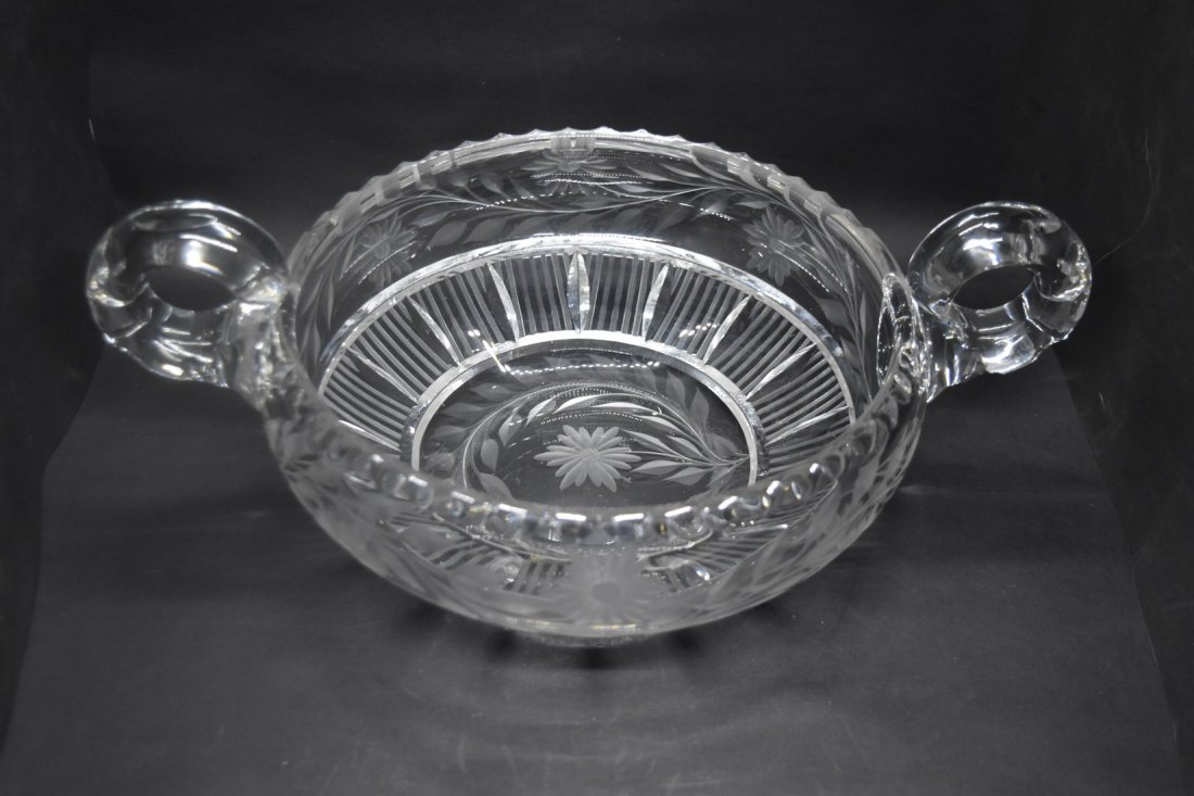 Fry Cut Glass Large Handled Bowl with Floral Pattern