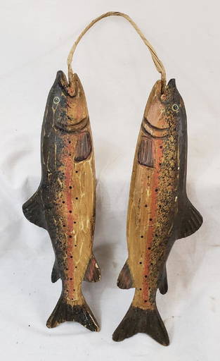 Vintage Two Fish Stringer Of Carved And Painted Trout.