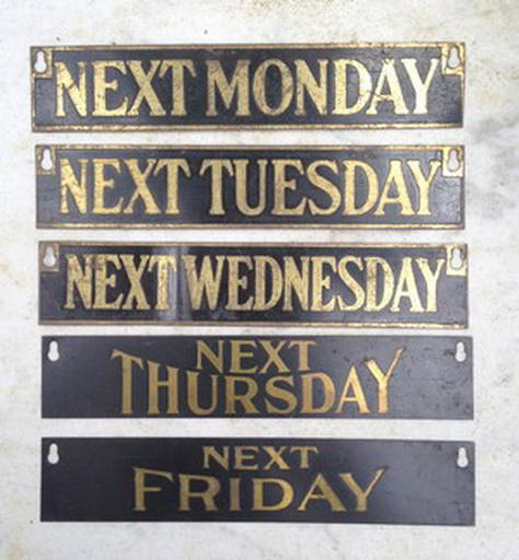 Five Early 20thc Brass Weekday Bank Signs