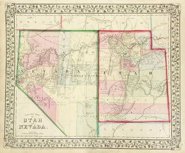 Mitchell: Antique County Map Of Utah & Nevada, 1870