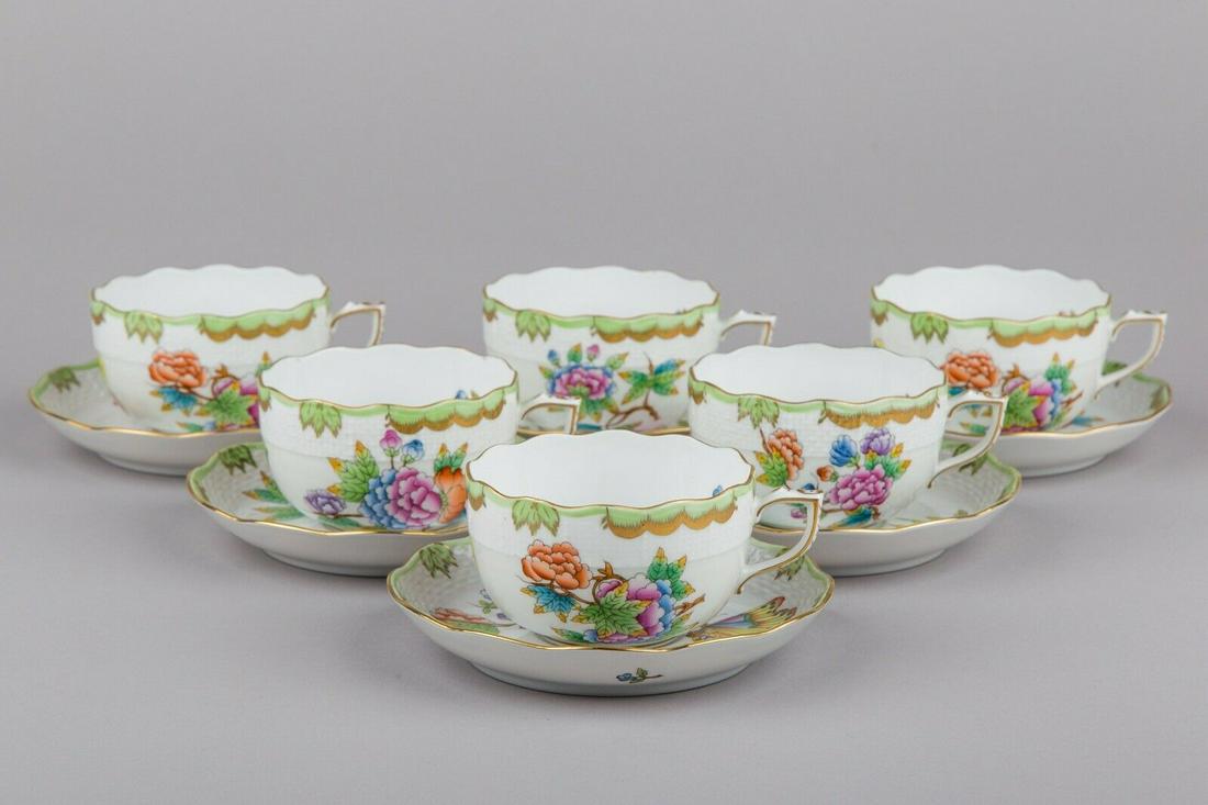 Set Of Six Herend Queen Victoria Tea Cups With Saucers