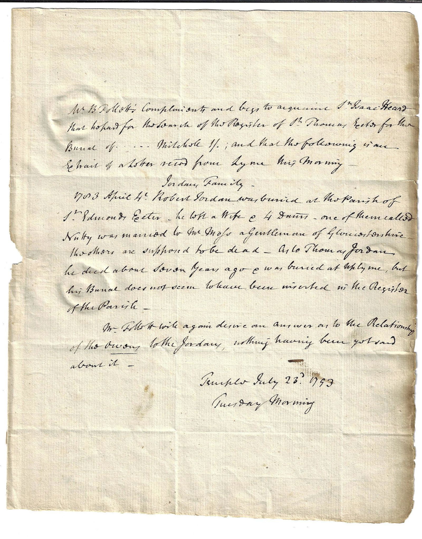 1793 Genealogy Letter Jordan Family Exeter - Mar 11, 2020 | Jasper52 in NY