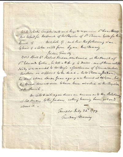 1793 Genealogy Letter Jordan Family Exeter