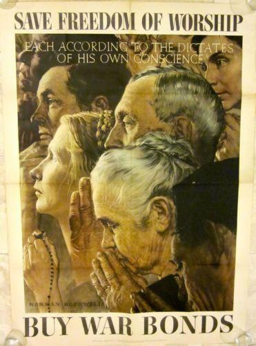 1943 Wwii Rockwell Poster Save Freedom Of Worship