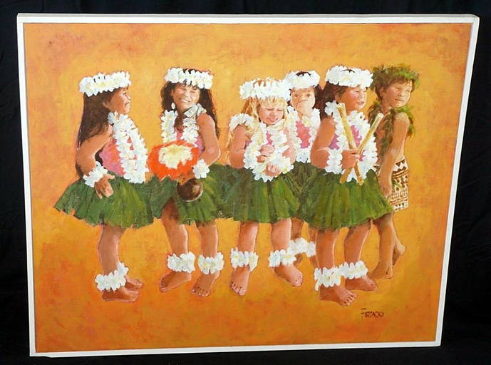 90s Painting Six Keiki Hula Dancer Al Furtado