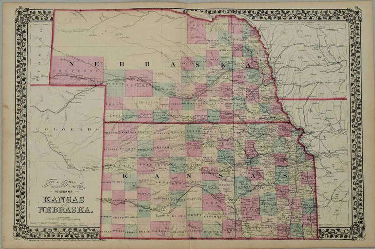 1876 Mitchell Map Of Kansas And Nebraska County