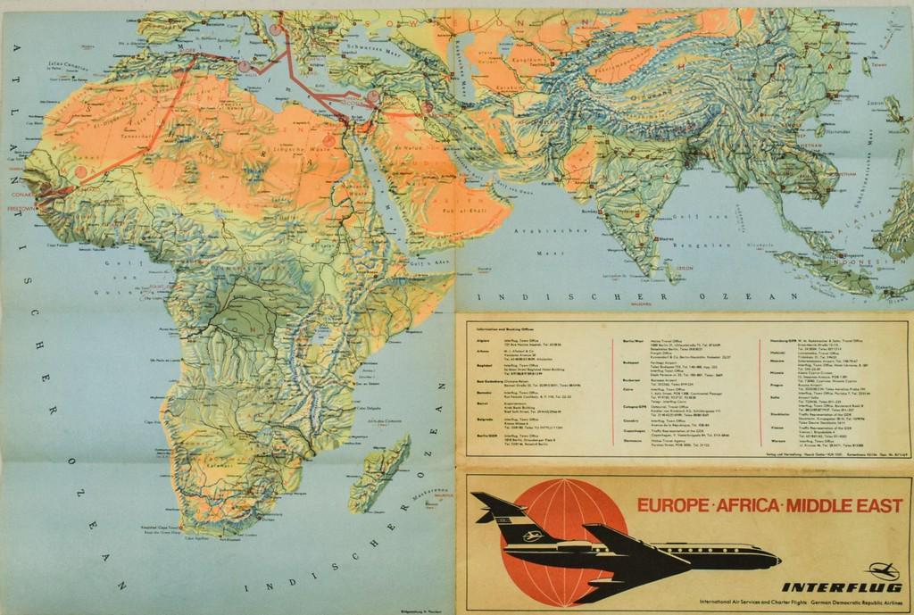 1969 East German Interflug Route Map Europe Africa