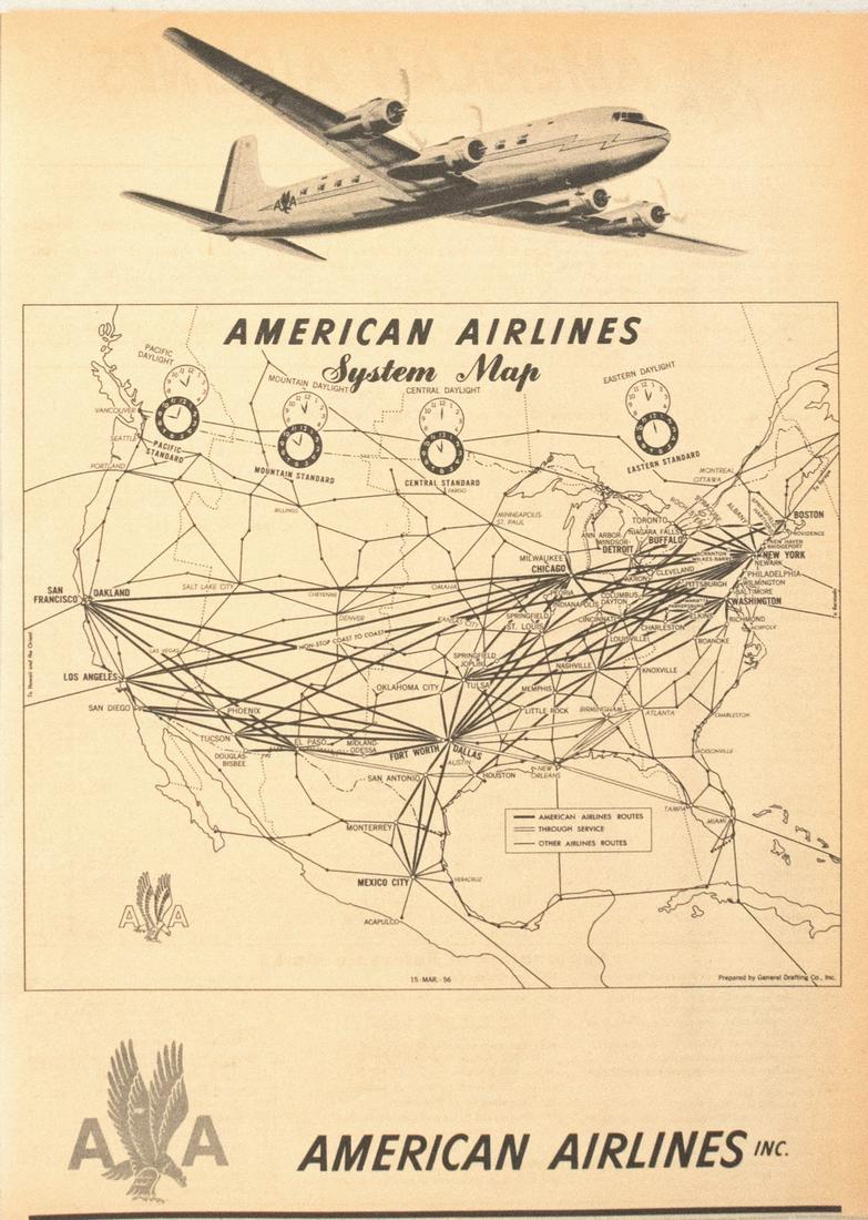 1956 American Airlines Route Map American Airlines