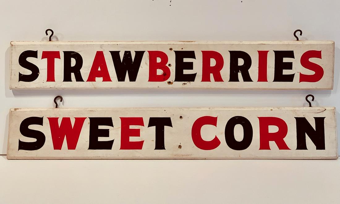 Pair Strawberries / Sweet Corn Farm Stand Signs, Early