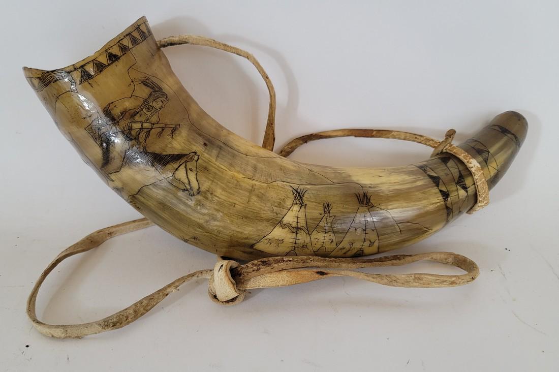 Vintage Scrimshawed Horn With Native American