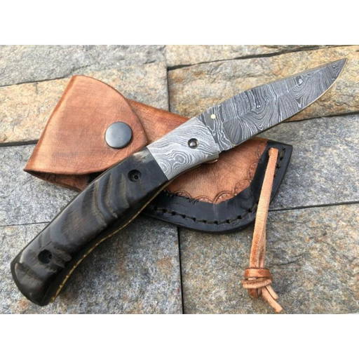 Combat Damascus Steel Knife Full Tang Horn