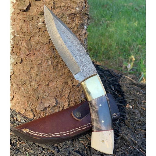 Full Tang Damascus Steel Knife Black Horn Bone Brass