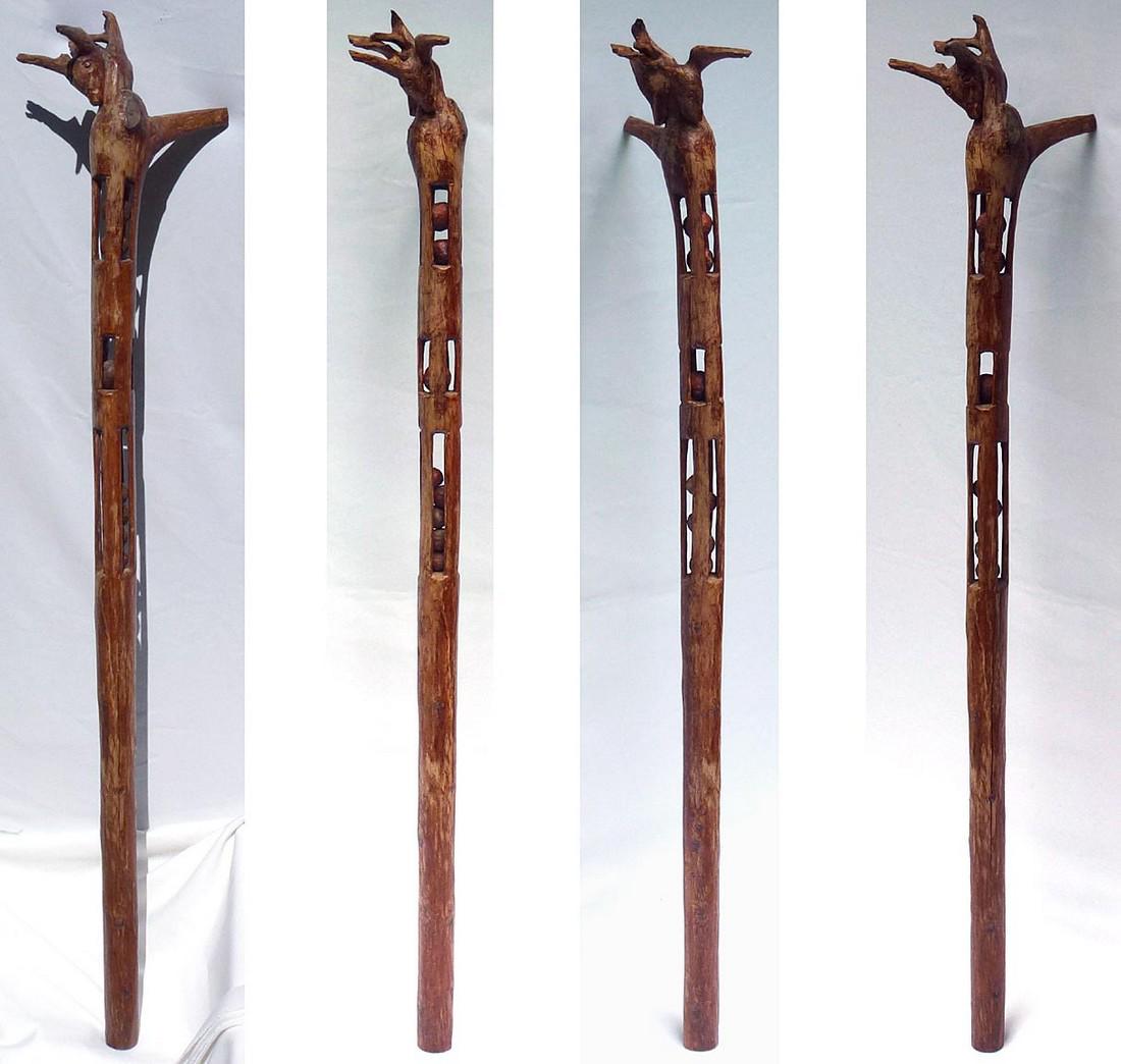 Large Folk Art Staff With Animals And Captured Balls