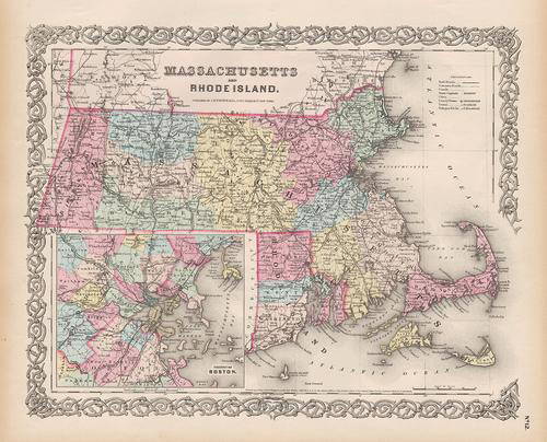 1855 Map Of Massachusetts & Rhode Island By J. H.