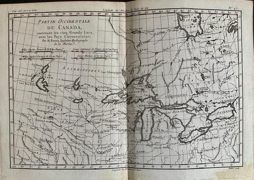 Early Map Of The Great Lakes, Midwest Region. By Bonne/