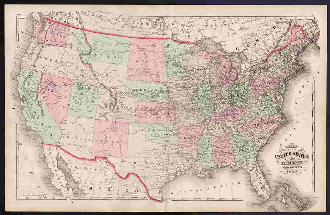 Scarce Double Page Rr Map Of The United States, 1872