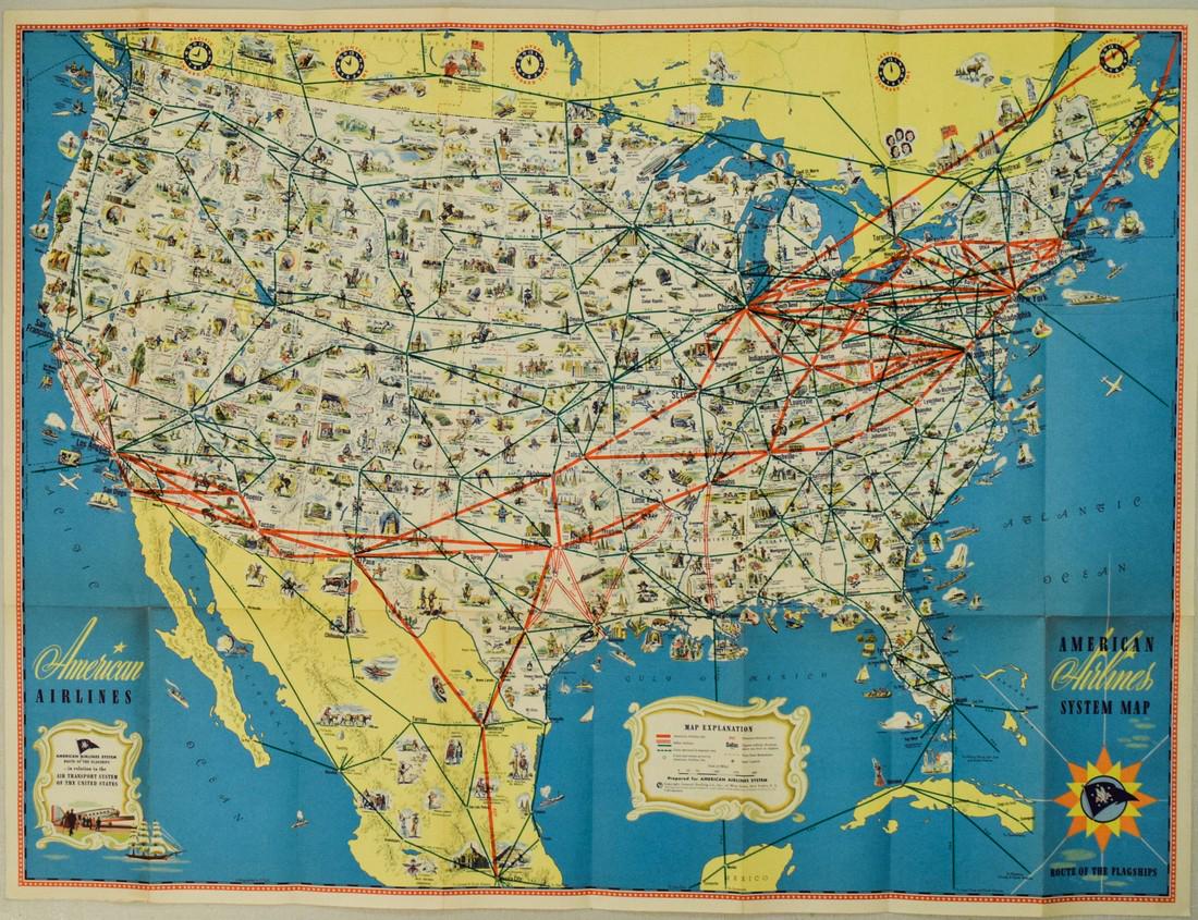 1940s American Airlines Us Route Map American Airlines System Map