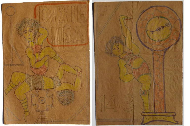 2 Sided Drawing On A Brown Paper Bag By Lewis Smith