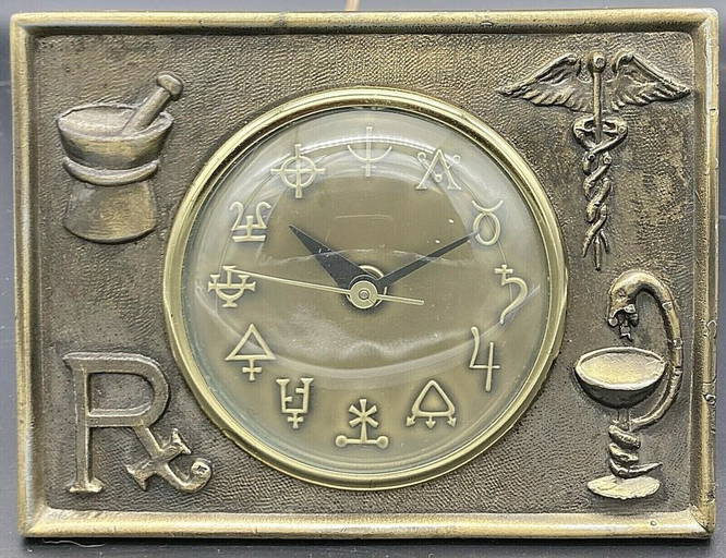 Vintage Cast Brass Pharmacy Rx Alchemy Symbols Desk Clock