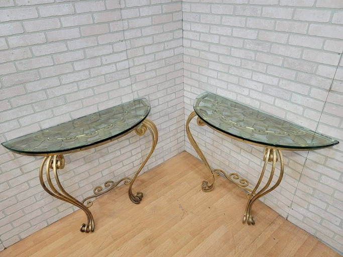 Hollywood Regency Gold Gil Beveled Glass Top Demilune Console Table Pair