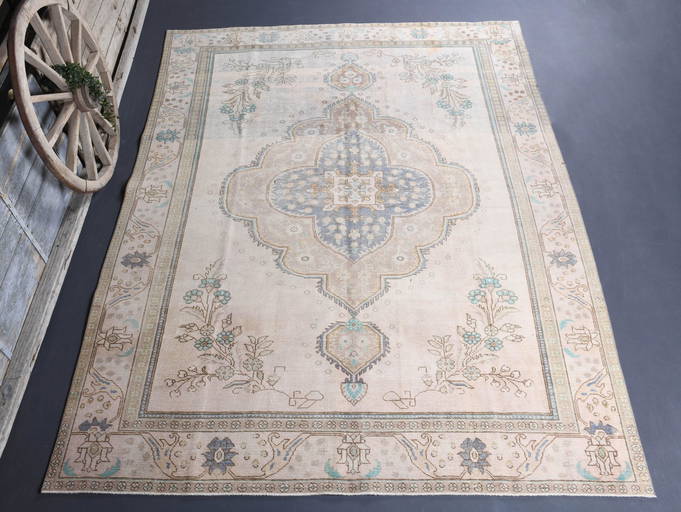 9.4x12.5 Natural Beige Rug, Striped Boho Chic Vintage Rug, Turkish ...