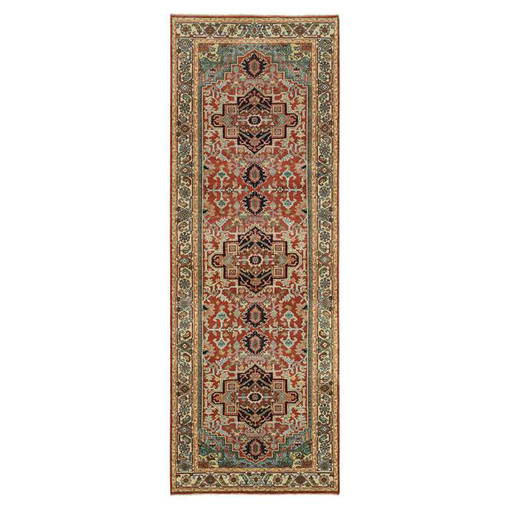 Tomato Red, Hand Knotted Heriz Revival Pure Wool Wide Runner Rug (#0227 ...