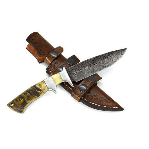 Hunting Camping Damascus Steel Knife Full Tang Ram Horn