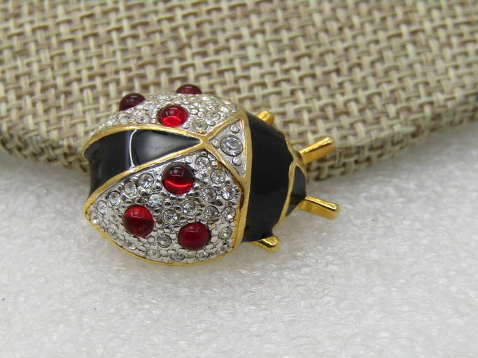 Vintage Joan Rivers Enameled Rhinestone Lady Bug Brooch, 1"