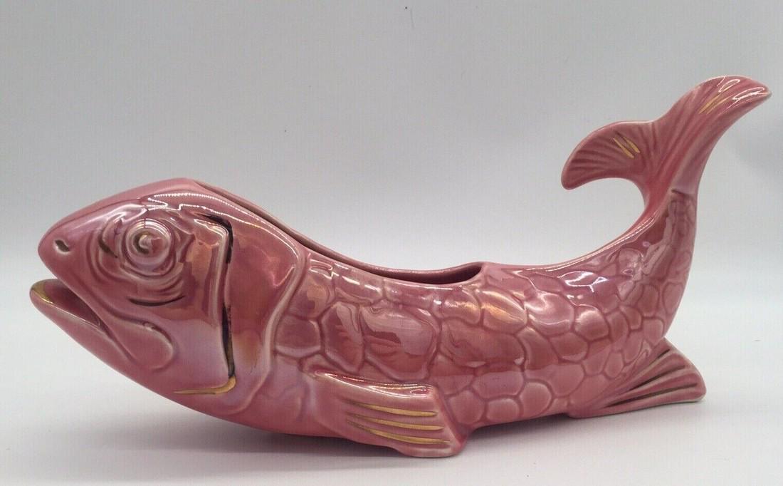 1950's Mccoy Pottery Pink Iridescent Glazed Koi Fish Planter