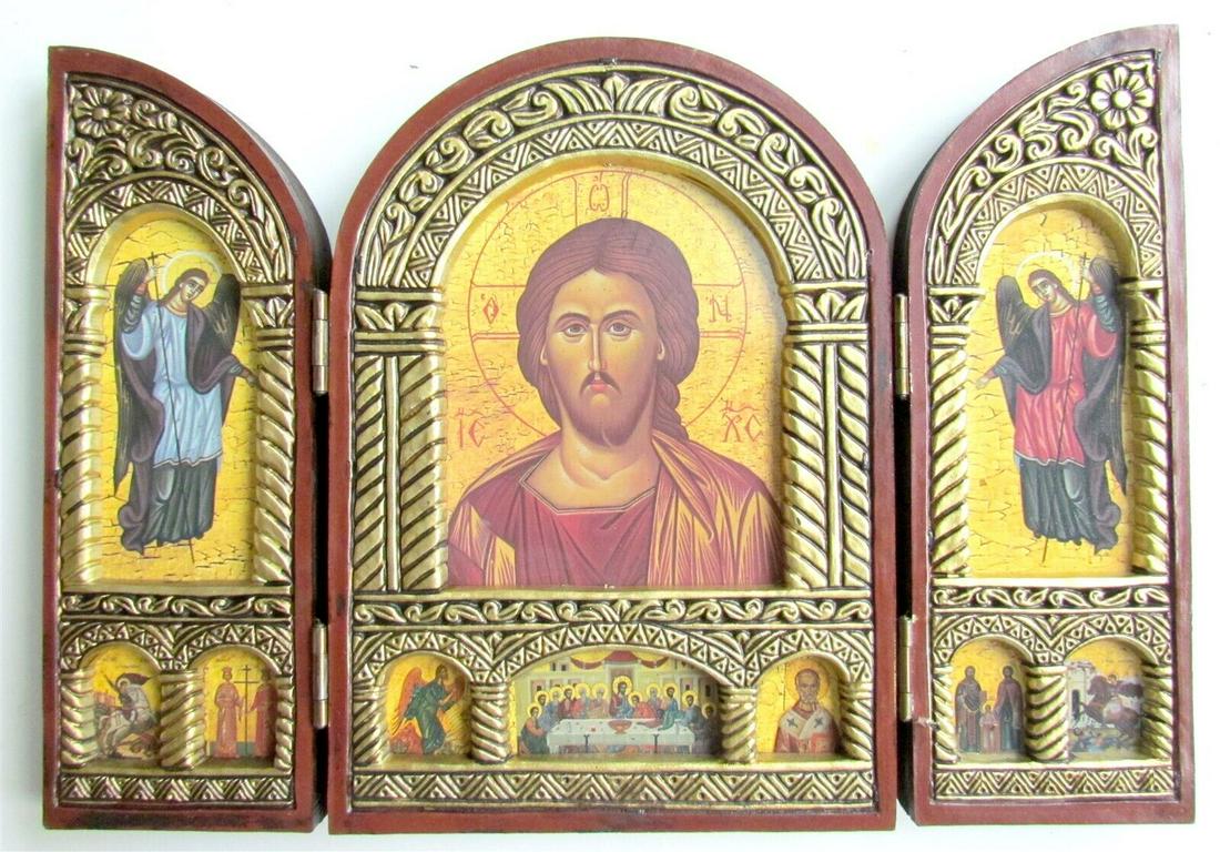 Buy GREEK ORTHODOX ICON wooden TRIPTYCH Byzantine style JESUS & GUARDIAN ANGELS | Jasper52 in NY