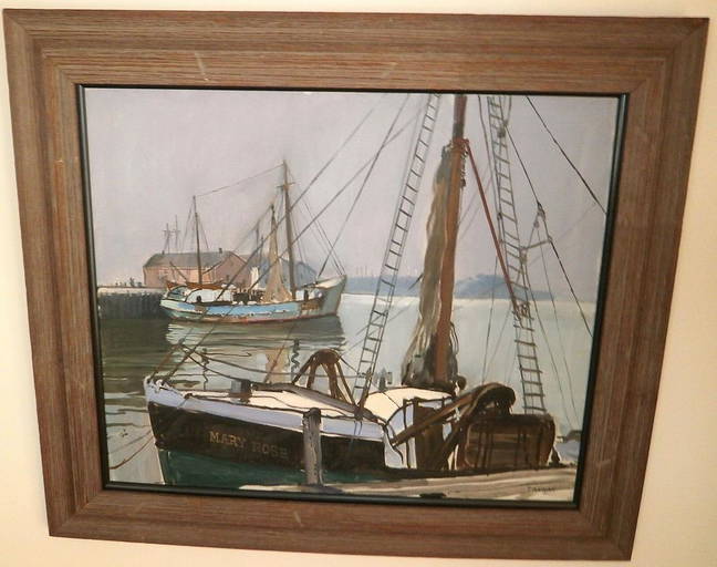 The "Mary Rose" Ship in Harbor,Boat,Buildings Painting-1950s-Harold ...