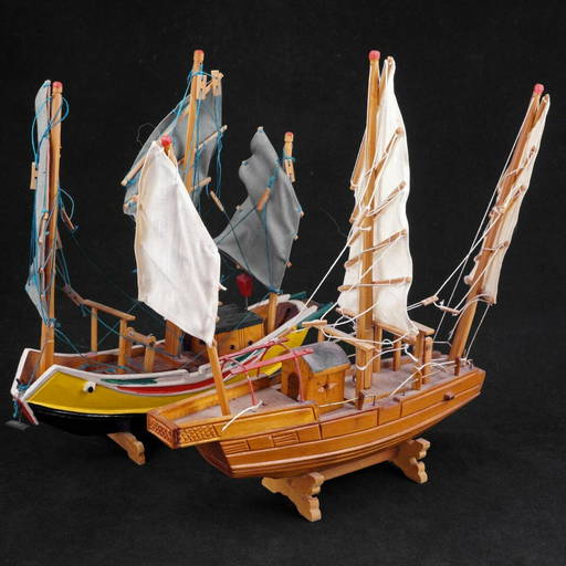 Pair Vintage Chinese Model Junks In Wood And Fabric