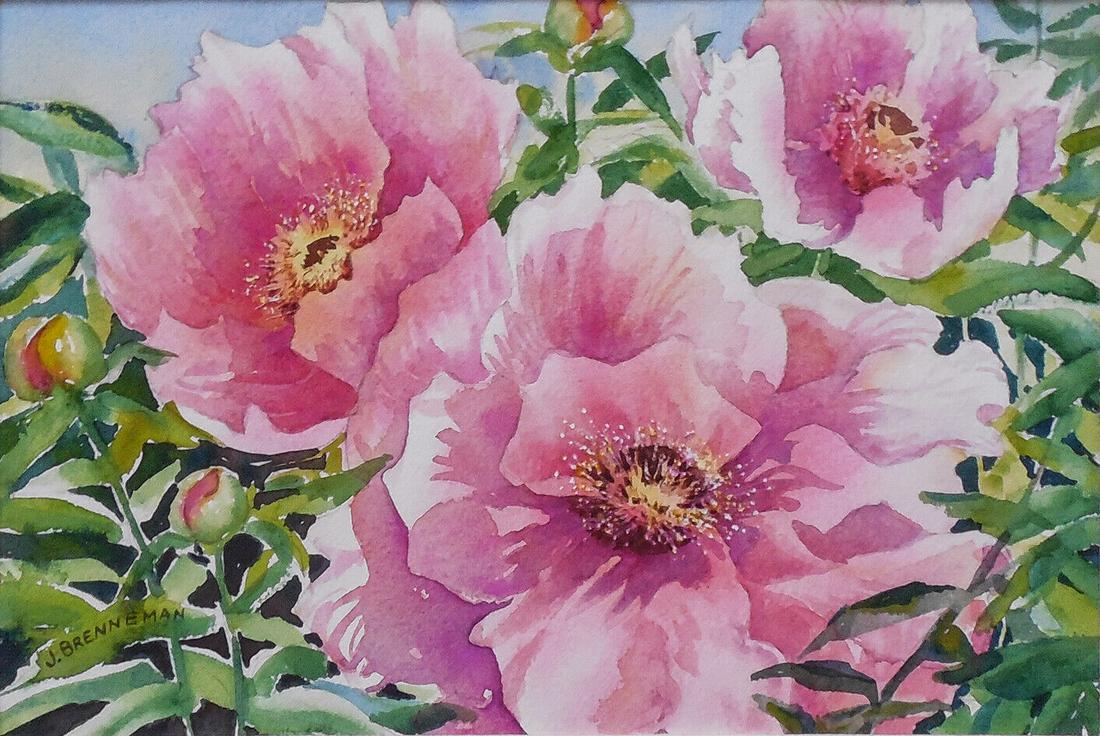 Jeanne Brenneman (American) Watercolor "Peonies" Orig., Nice Technique ...