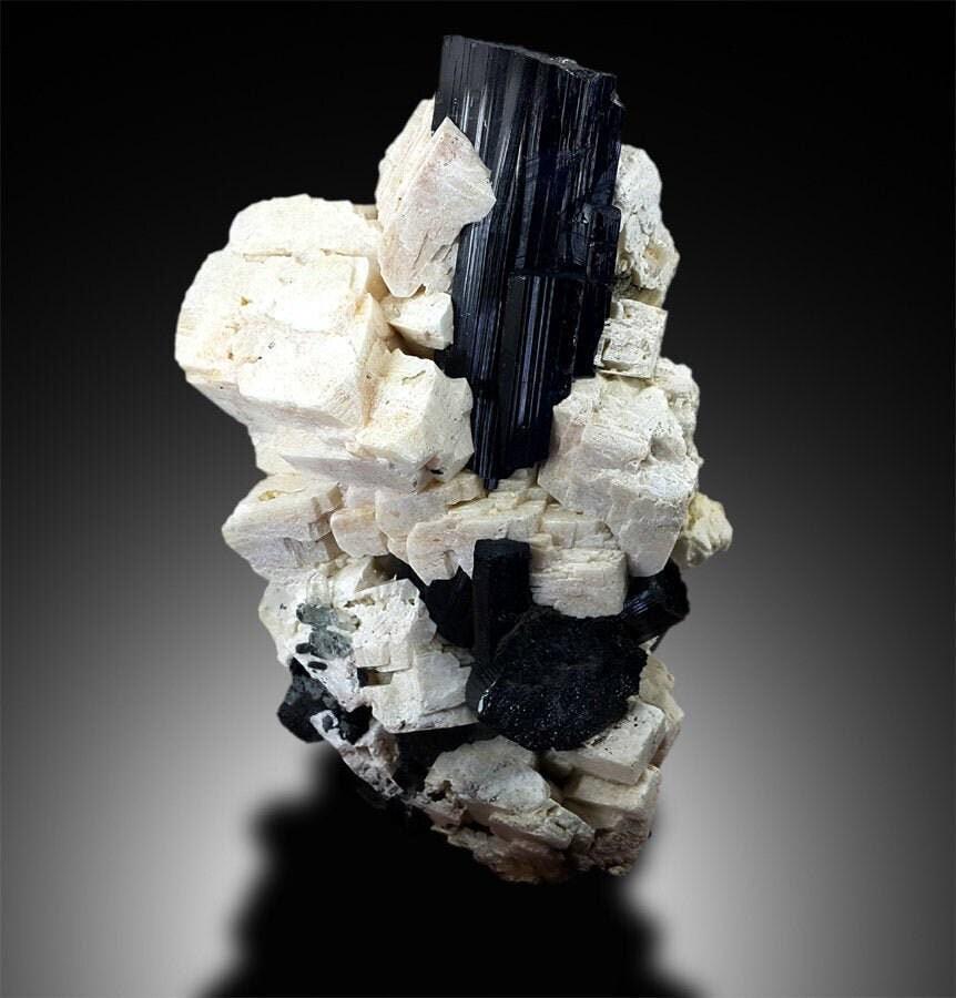 Schorl Black Tourmaline Natural Crystal On Albite Feldspar, Aesthetic ...