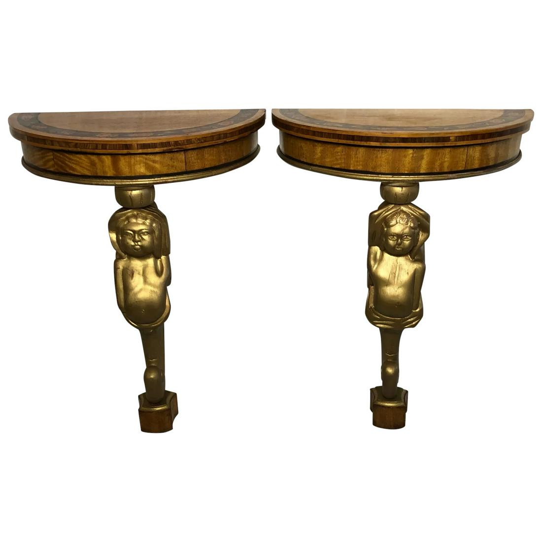 Pair Fine Antique Dutch Demi Lune Tulip Inlaid Marquetry Cherub Console ...