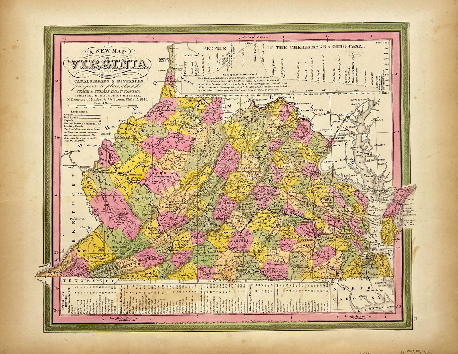 Antique Map Print America Map Of Virginia Canals, Roads & Distances Usa
