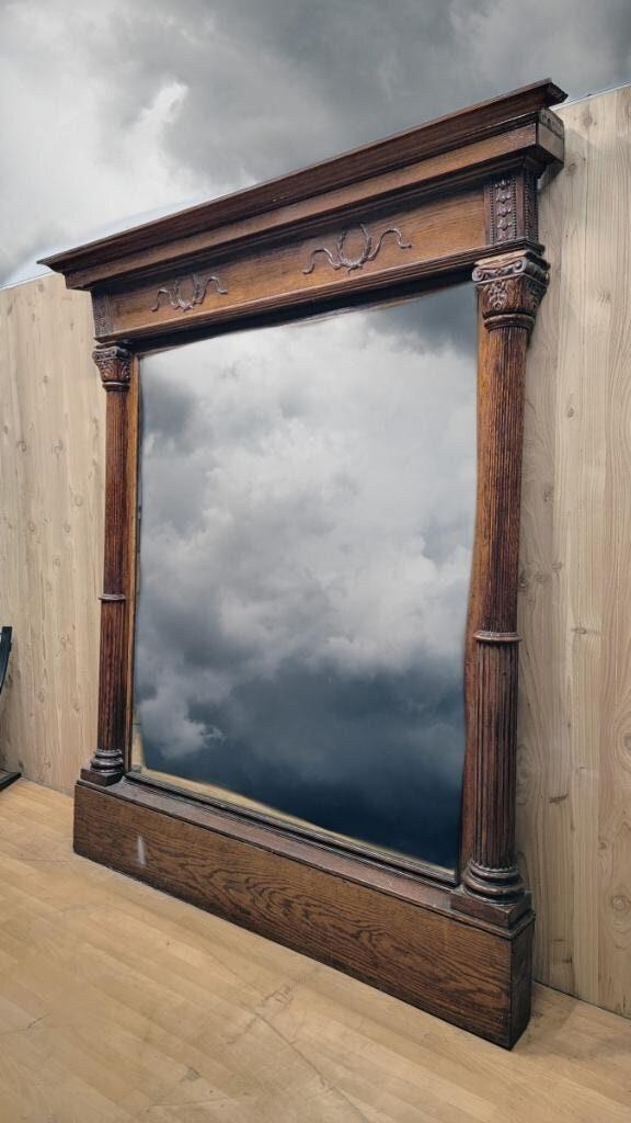 Antique Oversized 8 Foot Carved Oak Dual Column Beveled Wall Mirror