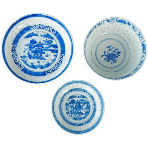 Three Chinese Rice Pattern Marked Dishes Circa 1900