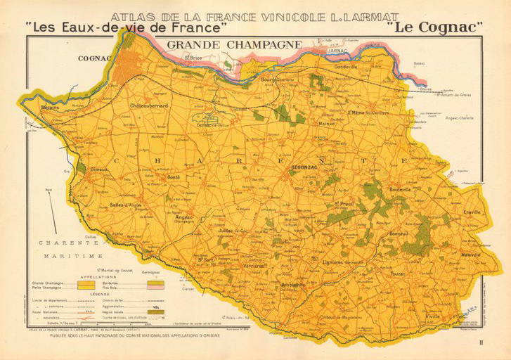 COGNAC BRANDY MAP Grand Champagne. Charente. Eaux-de-vie. LARMAT 1947 ...