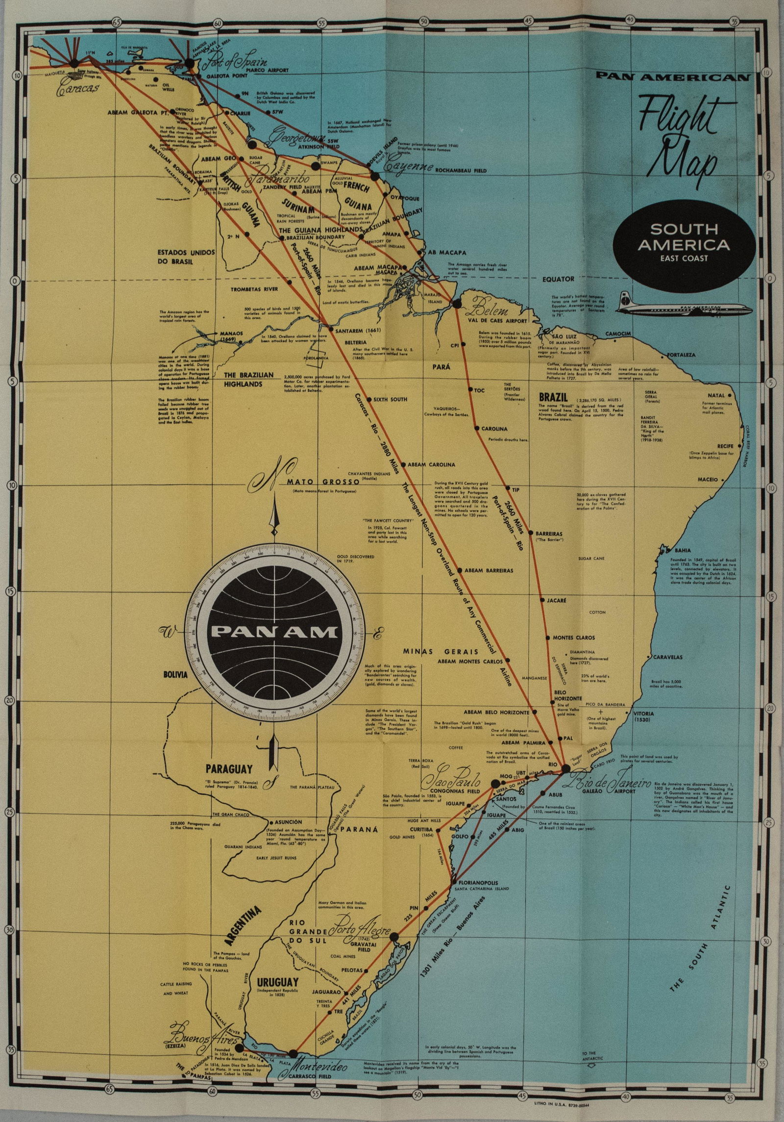 1950s PanAm Route Map of South America's East Coast -- Pan American ...