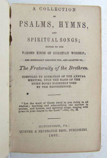 1882 FRATERNITY of BRETHREN COLLECTION OF PSALMS antique HUNTINGDON ...