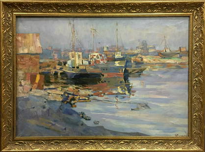 Oil Painting Ship Port Turansky Alexander Alekseevich