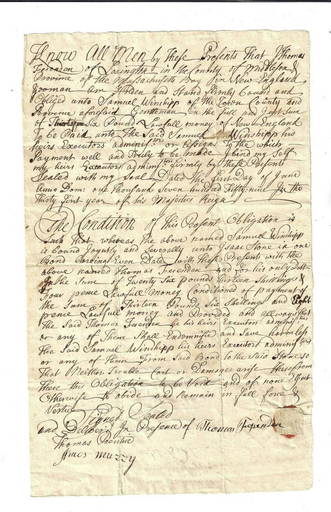 1759 Colonial Obligation Bond Revolutionary War Notables