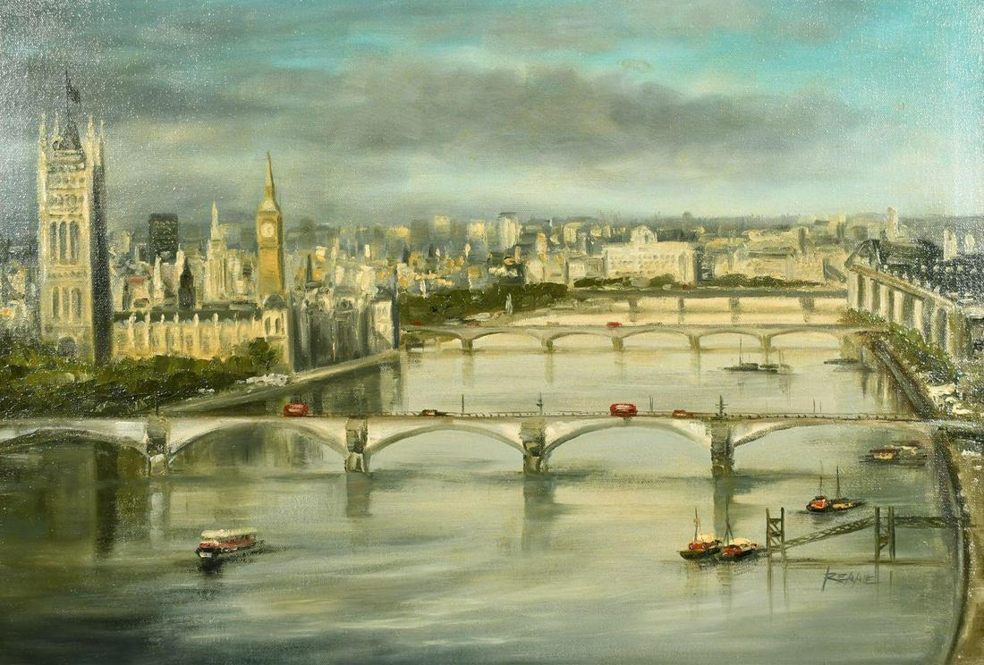 The London Skyline Viewed From River Thames Above Its Bridges, Original Oil