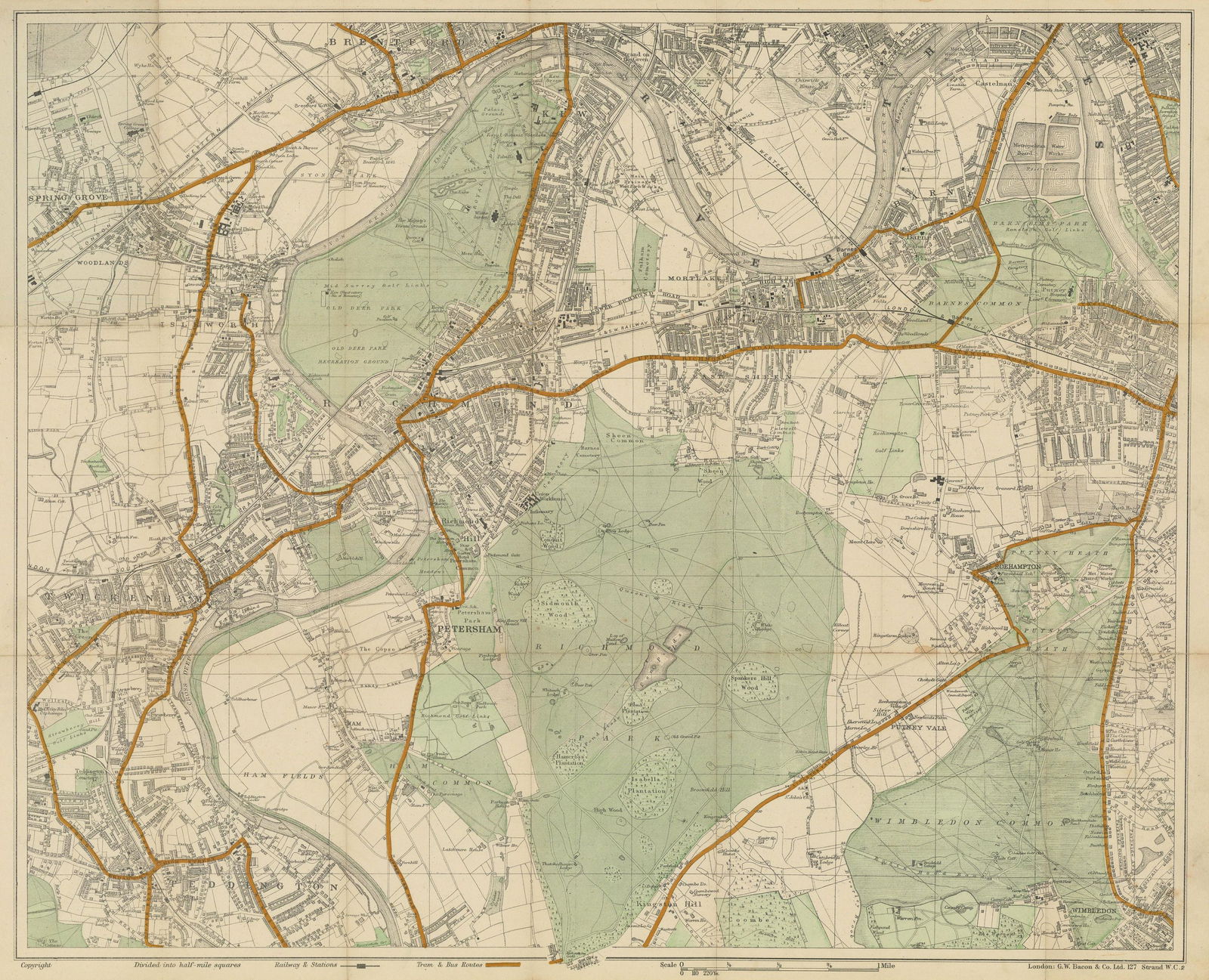 Bacon's Large Scale Plan Of Richmond. Mortlake Twickenham Kew 50x62cm ...