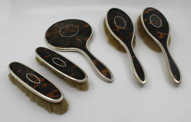 English Five Piece Silver & Tortoiseshell Vanity Brush Set 1923 (#0237 ...